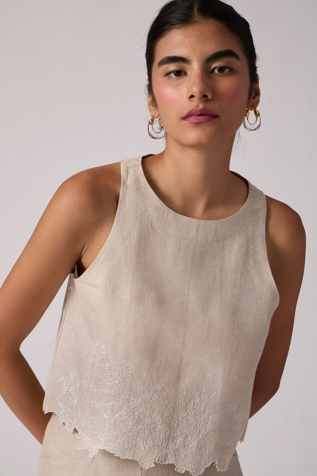 Toni Signature Hand Embroidered Beige Statement Sleeveless Holiday Top ...